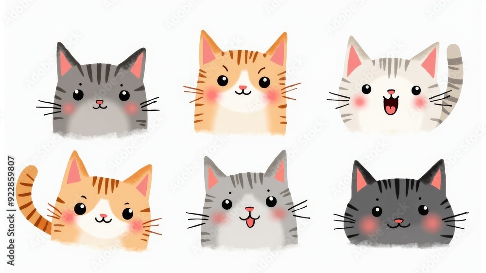Cute Kawaii Cat Faces Illustration - Six Adorable Cartoon Kittens with ...