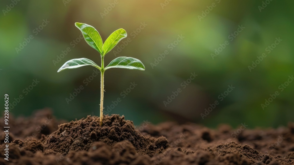 A young green seedling or sapling sprouting and emerging from rich organic soil with a blurred ...