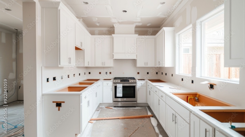 Modern white kitchen with cabinets and appliances being installed by ...