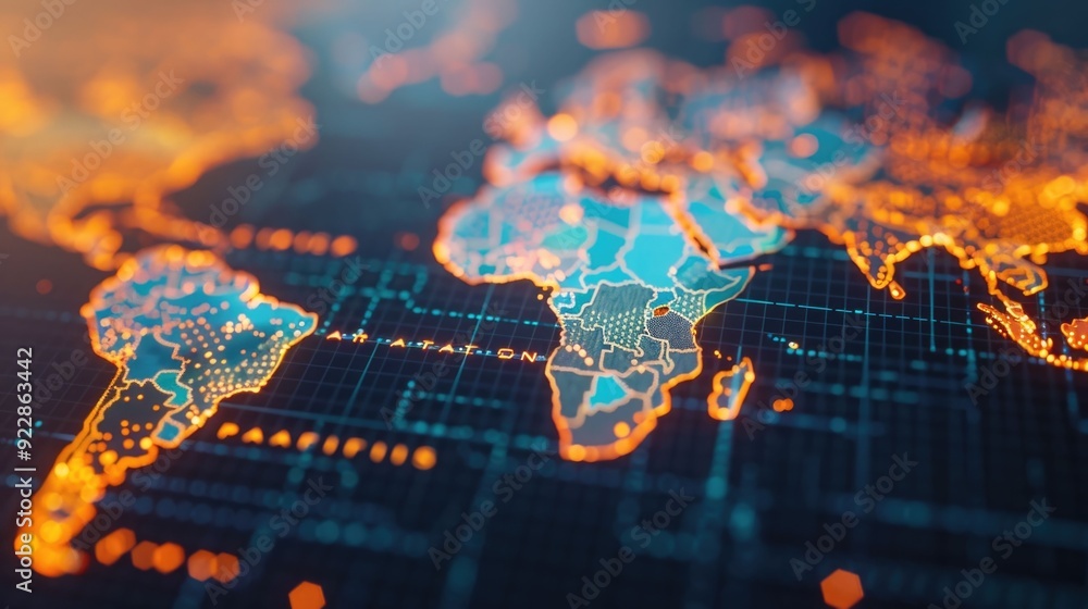 Illuminated world map with business icons and data visualization ...