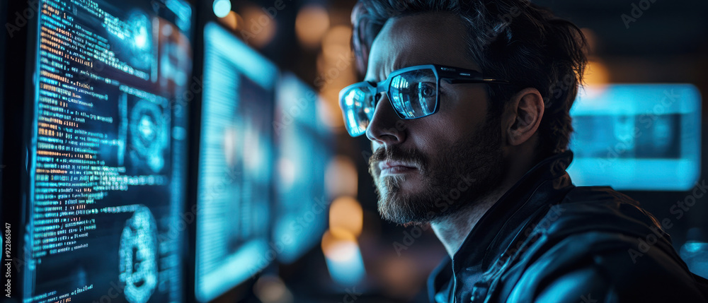 ethical hacking, In a sleek, modern workspace, a hacker with a reflective glasses stands side ...