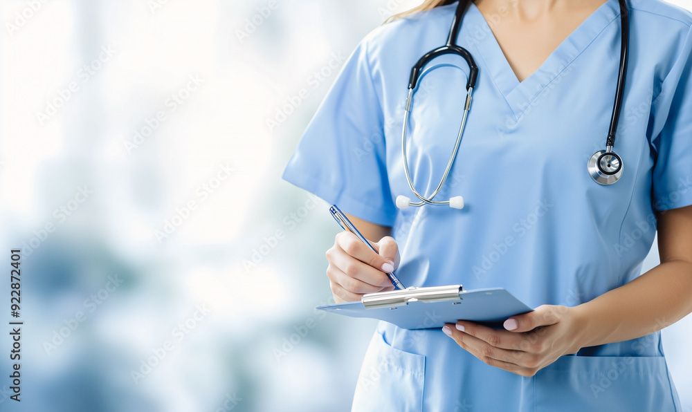 Dedicated nurse recording patient data, equipped with a clipboard and ...