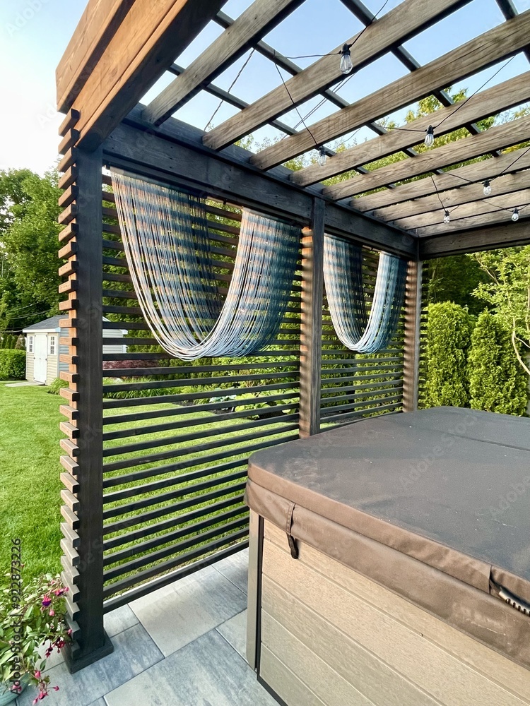 Gorgeous modern boho backyard design showcasing an outdoor pergola made ...