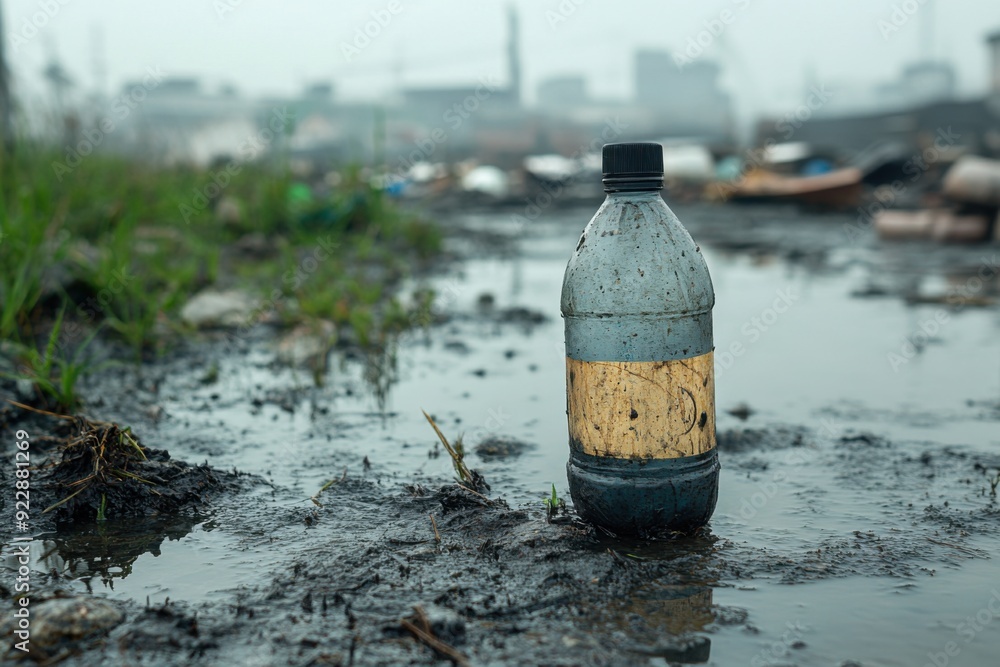 Dirty bottle of water sitting in the mud, Social issue background Stock ...