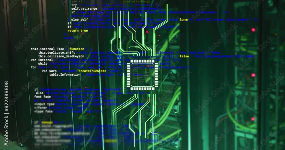 Circuit board and programming code animation over server racks in data center Stock Video ...