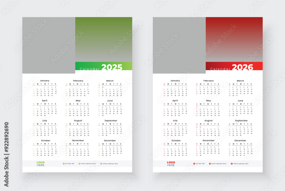 Vetor de One page wall calendar for 2025, 2026. Week starts on Sunday ...
