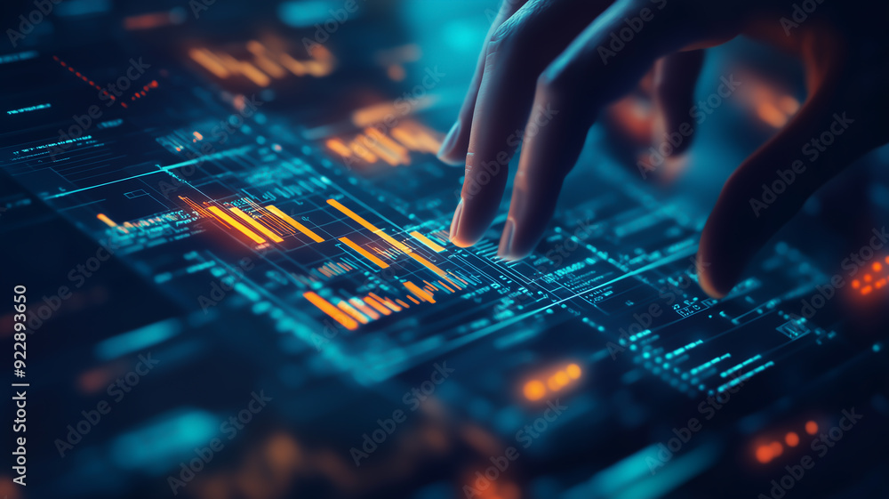 Fingers tapping on a virtual screen featuring data sharing, digital ...