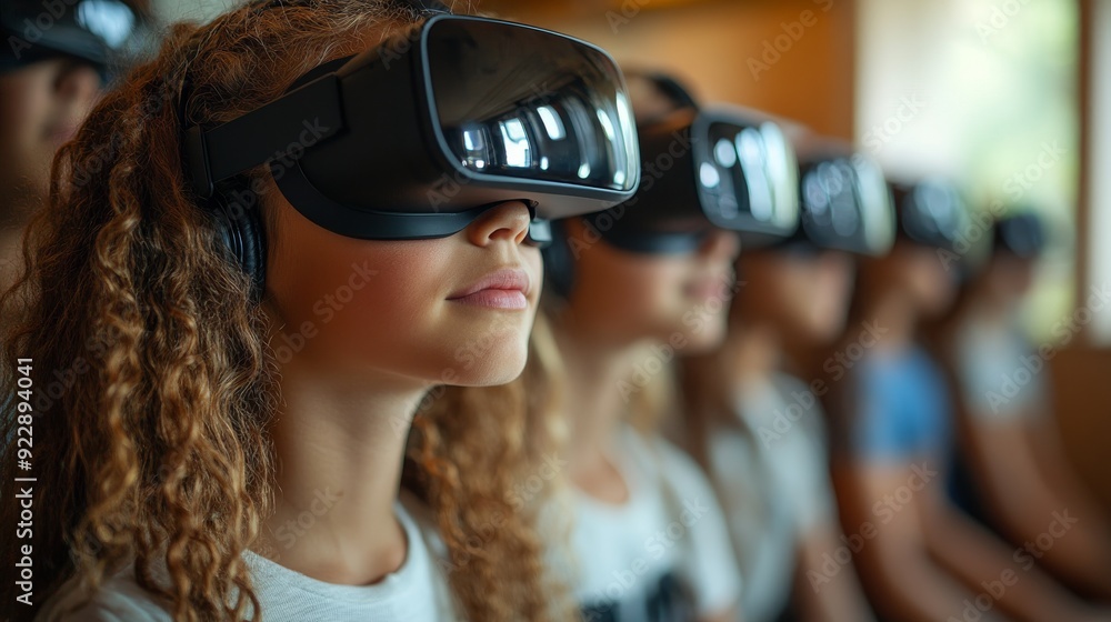 Immersive virtual reality lesson, photorealistic students with VR ...