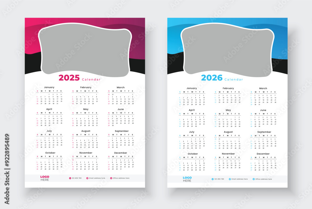 2025, 2026 years calendar, One page wall calendar template design ...