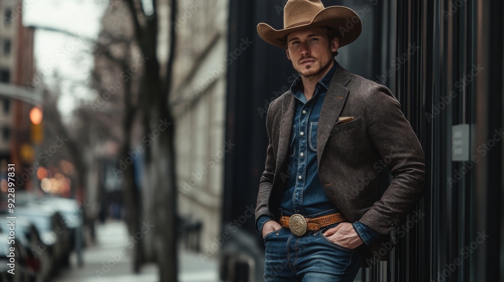 A cowboy stands with a relaxed posture against a building, wearing a ...