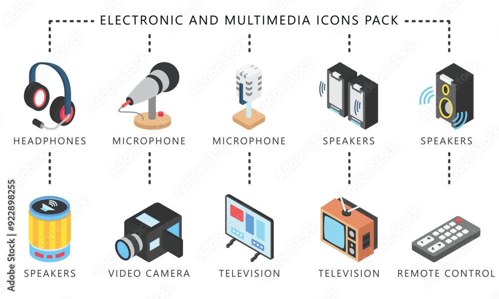Electronic and multimedia isometric 3d icons set, contain speaker, tv, headphone, video camera ...