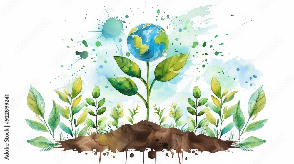 Watercolor illustration of Earth growing from soil with surrounding ...