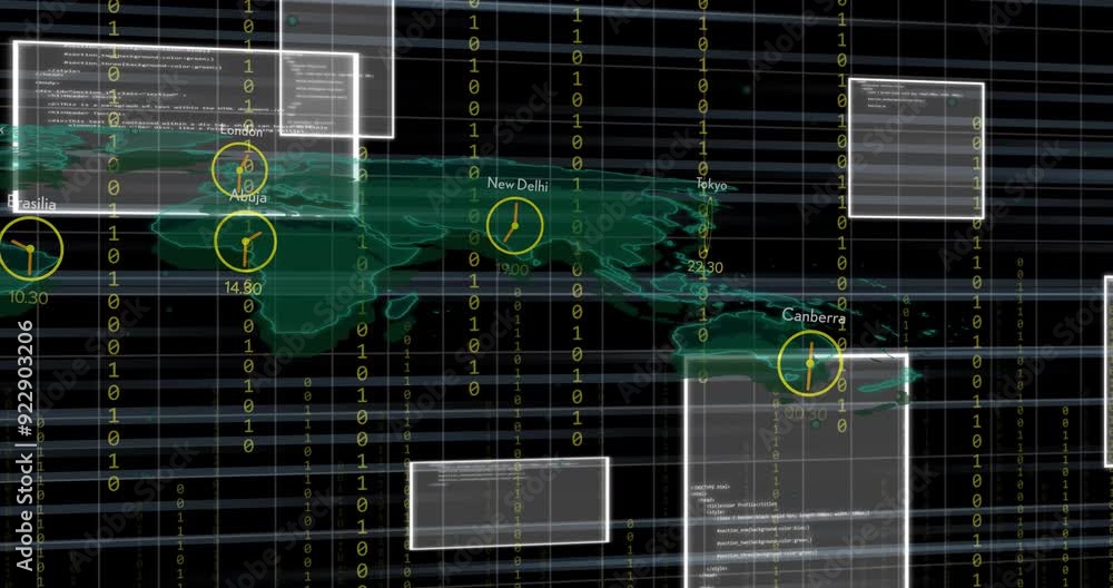 World map with clocks showing different time zones and binary code ...