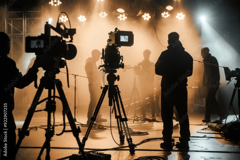 Cinematic Film Crew Working on Stage with Cameras and Lights in a Foggy ...