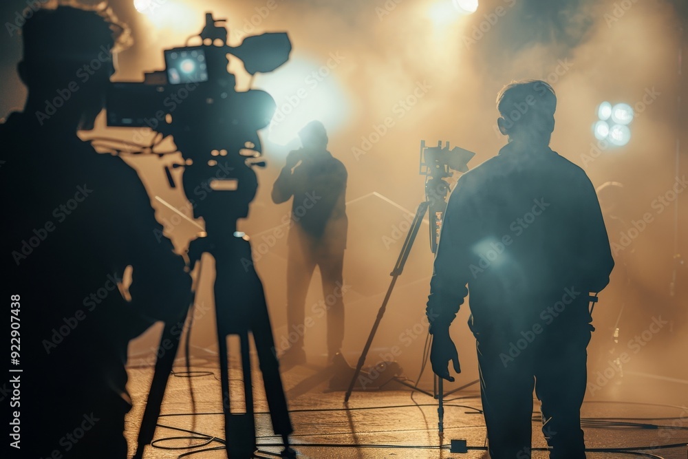 Cinematic Film Crew Working on Stage with Cameras and Lights in a Foggy ...