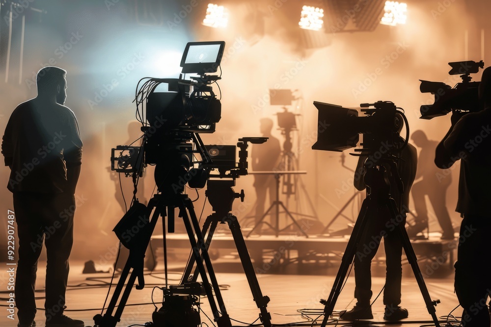 Cinematic Film Crew Working on Stage with Cameras and Lights in a Foggy Light, Silhouetted ...