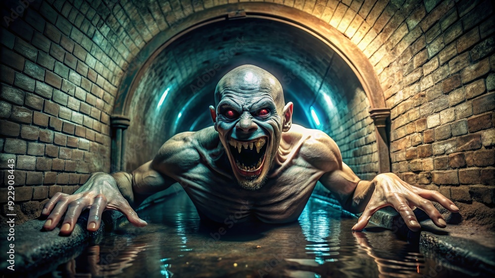 Creepy human mutant monster with sharp teeth in a morbid sewer ...