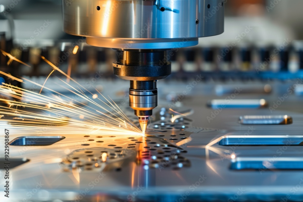 Laser CNC machine with focused light beam on metal lens tip, reflecting ...