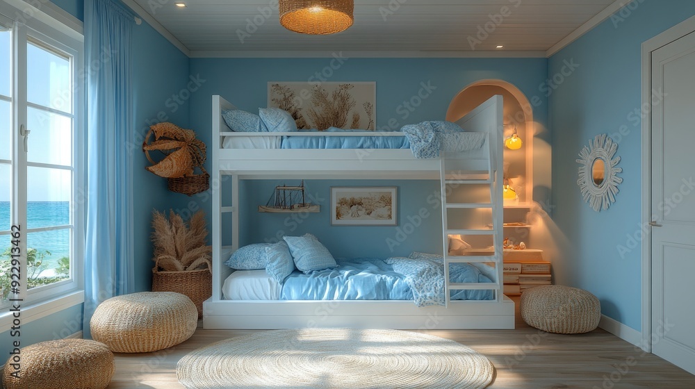 Bunk Bed For Kids In Pastel Blue And White, A Serene Escape In A Child ...