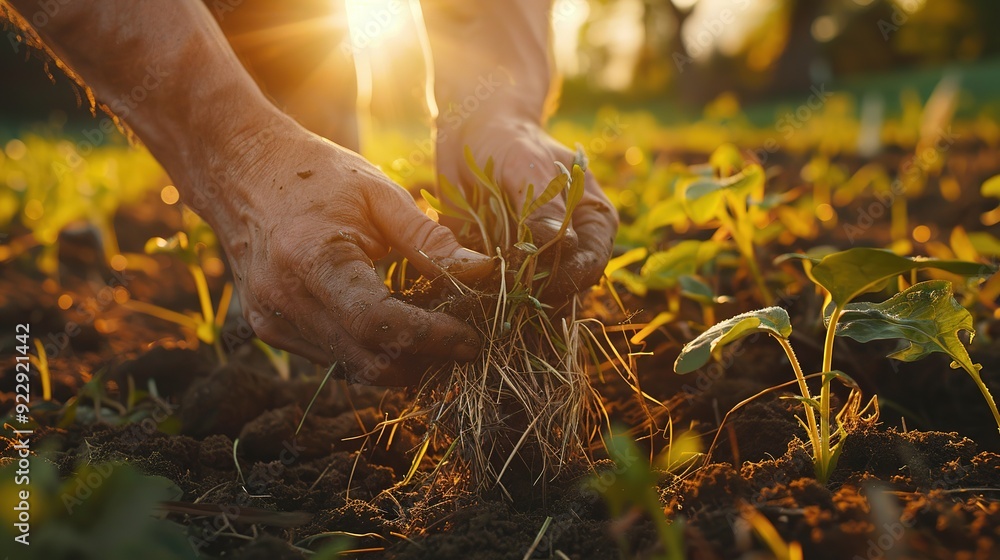 Farmer's hands pull grass with roots and soil up from the ground ...