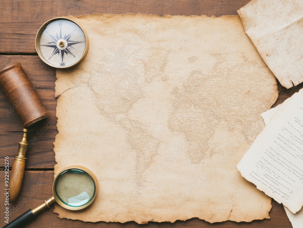 Vintage map with compass and magnifying glass, evoking exploration and ...