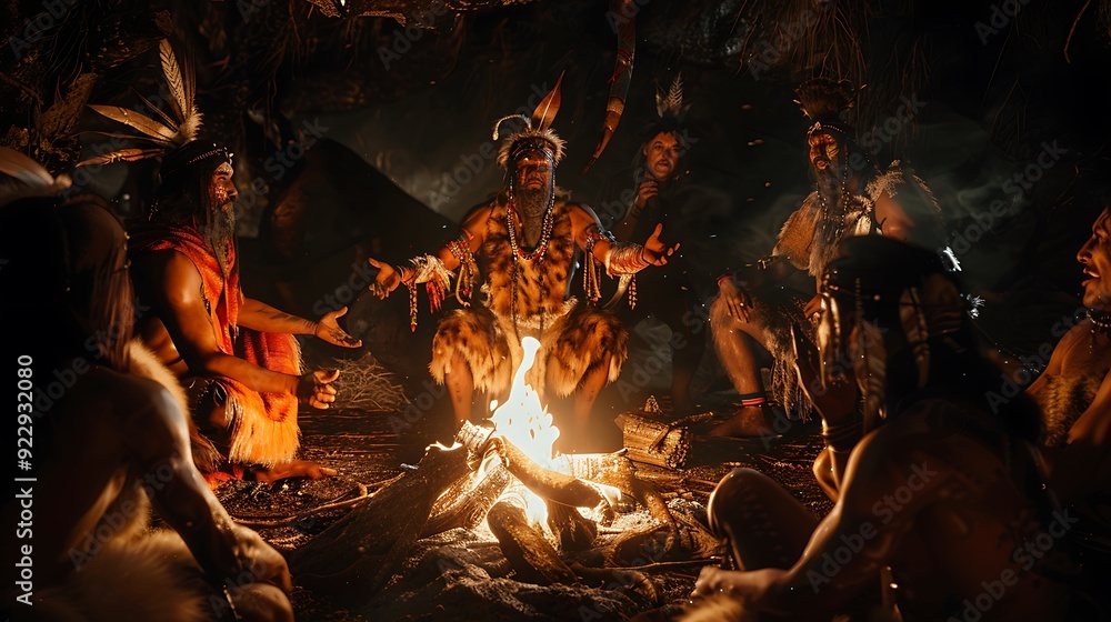 Stone Age shaman leading a ritual dance around a fire with the tribe ...
