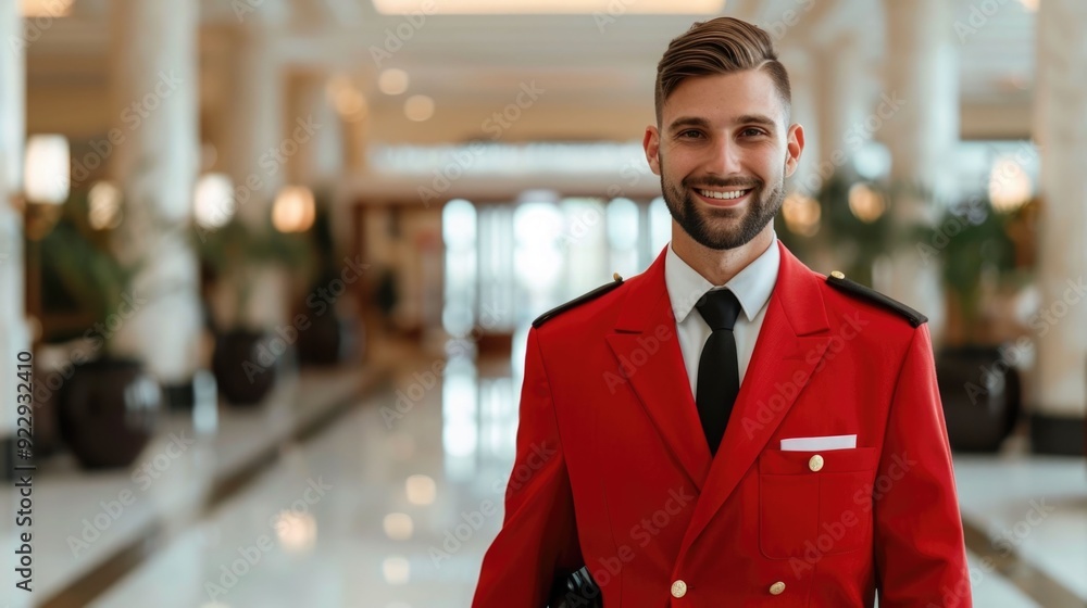 Professional Hotel Bellhop in Red Uniform Providing Friendly and ...