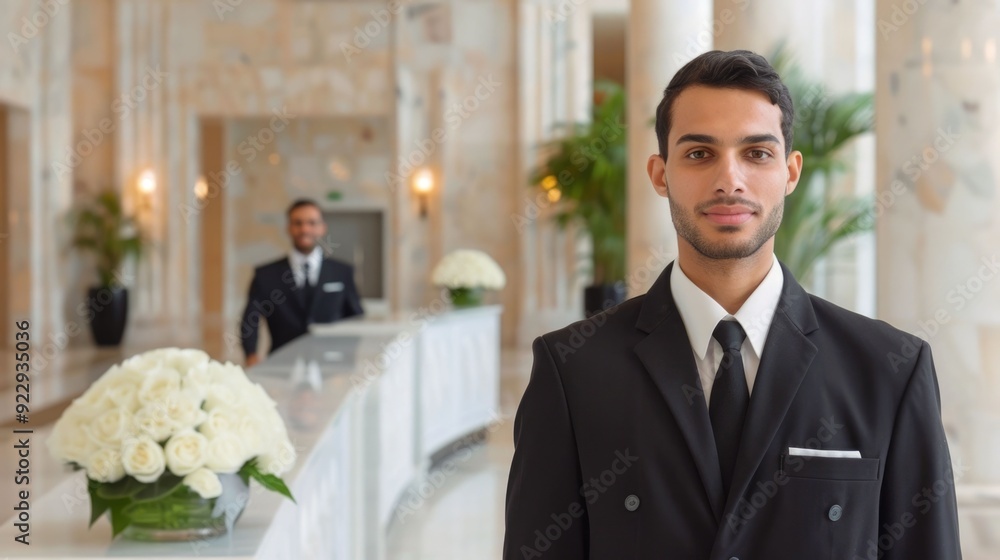 Friendly hotel staff member in uniform assisting a guest at the desk in ...