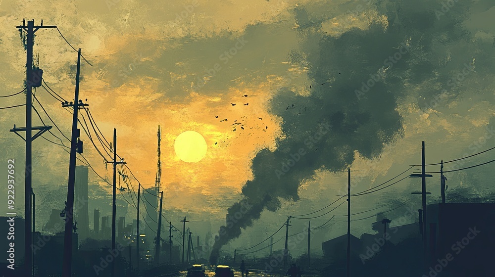 Depiction of poor air quality in everyday life with polluted skies and ...