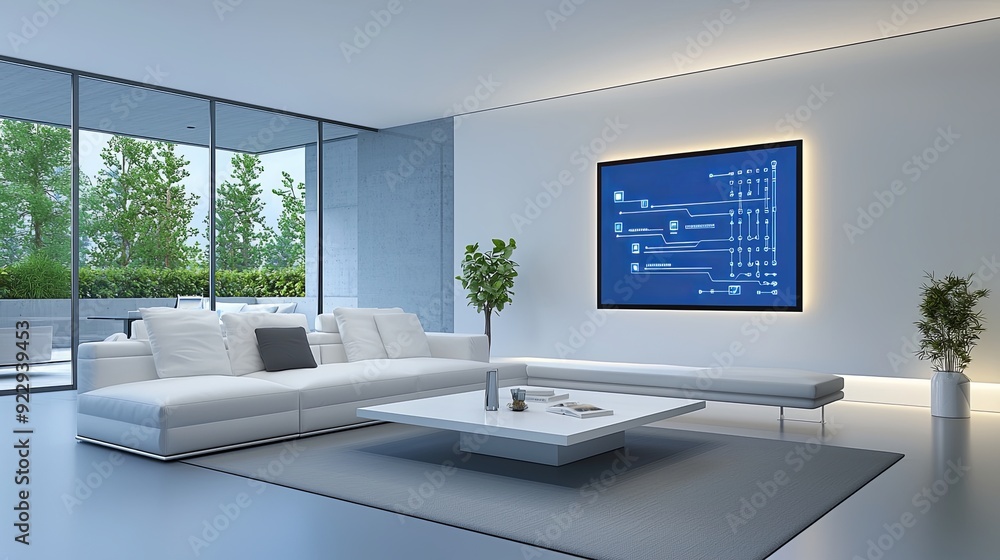 Modern smart home living room with data flow visualizations on walls ...