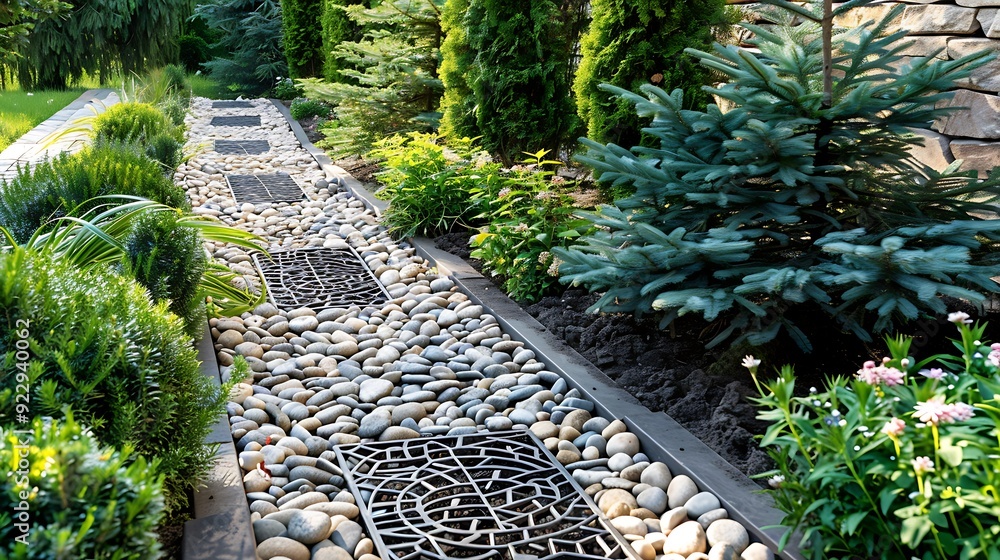 natural stone path along flower bed near tile walkway with lattice ...
