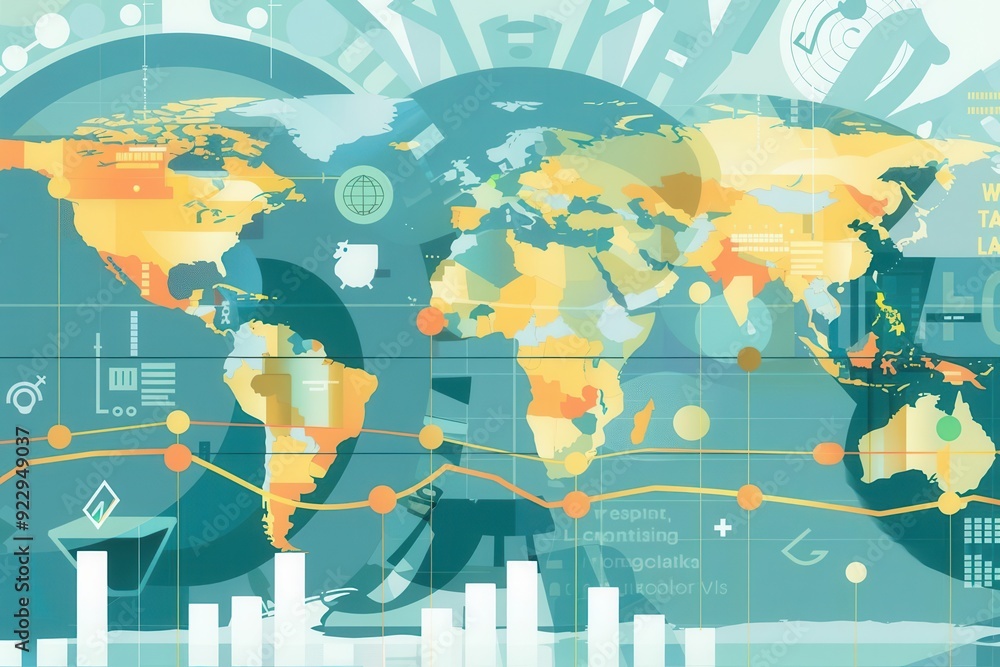 Colorful world map illustration conveying global connections and data ...