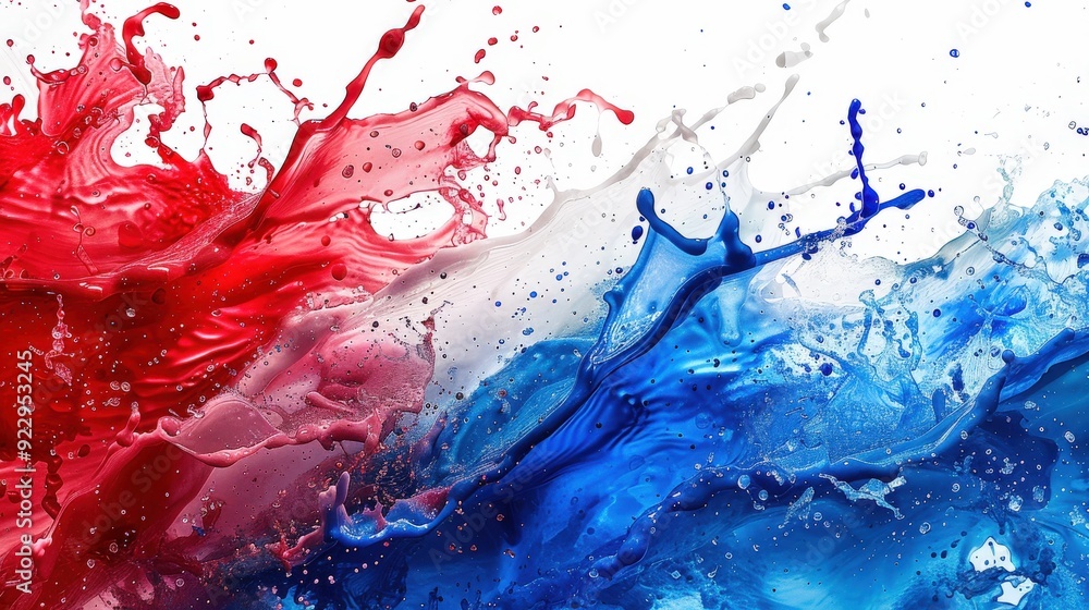 Produce an image of a French paint splash flag with blue, red, and ...