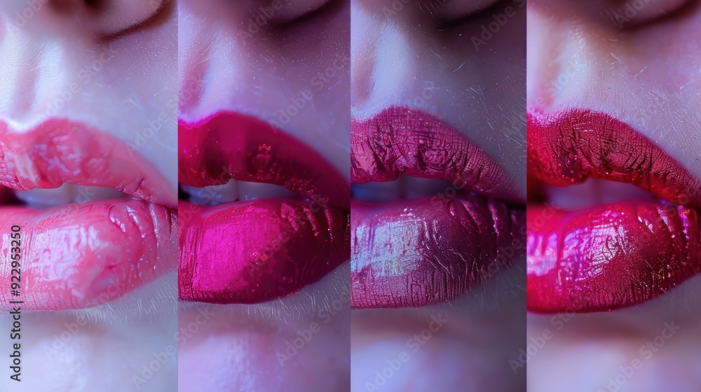 Four close-up images of lips with varying shades and applications of ...