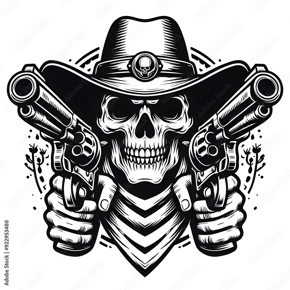 Skull aiming with two revolvers, Vintage human skull concept, A black ...
