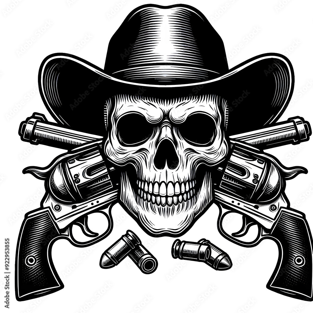 Skull aiming with two revolvers, Vintage human skull concept, A black ...