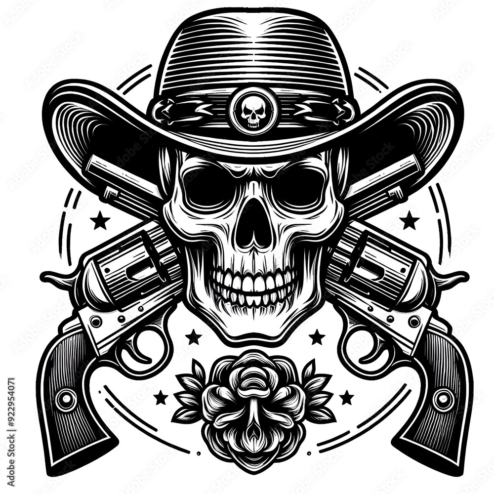 Skull aiming with two revolvers, Vintage human skull concept, A black ...