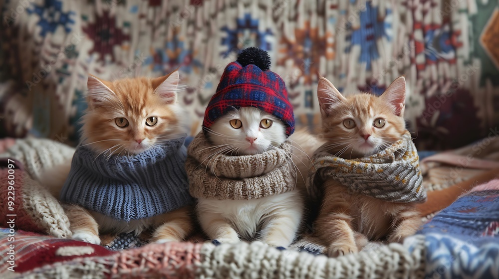 All three cute cat in clothes siblings sitting on a blanket in a row ...