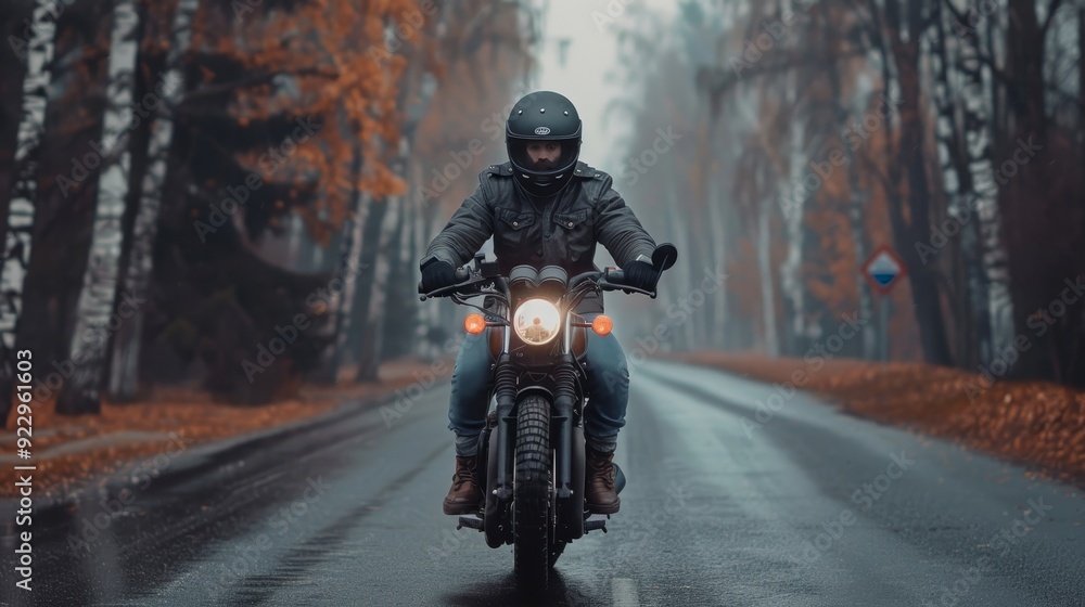Man in helmet and jacket riding cafe racer motorcycle on chilly autumn ...