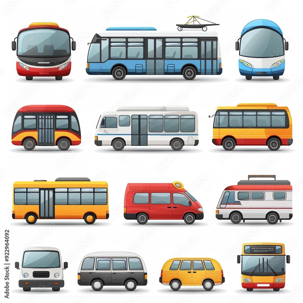 A collection of 12 different bus illustrations, showcasing various ...