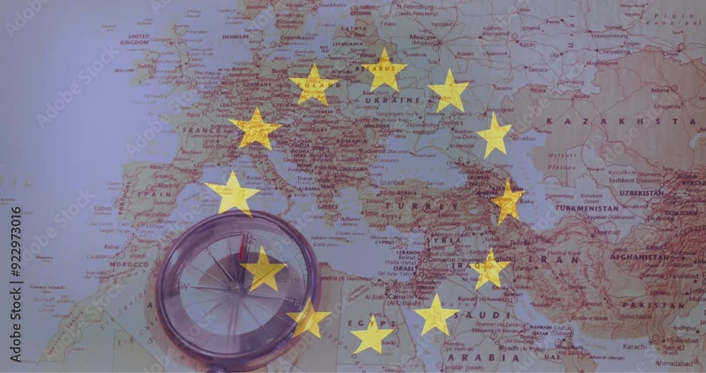 European Union stars animation over map of Europe and compass Stock Video | Adobe Stock