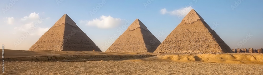 Majestic ancient pyramids rise against a clear blue sky, showcasing the ...