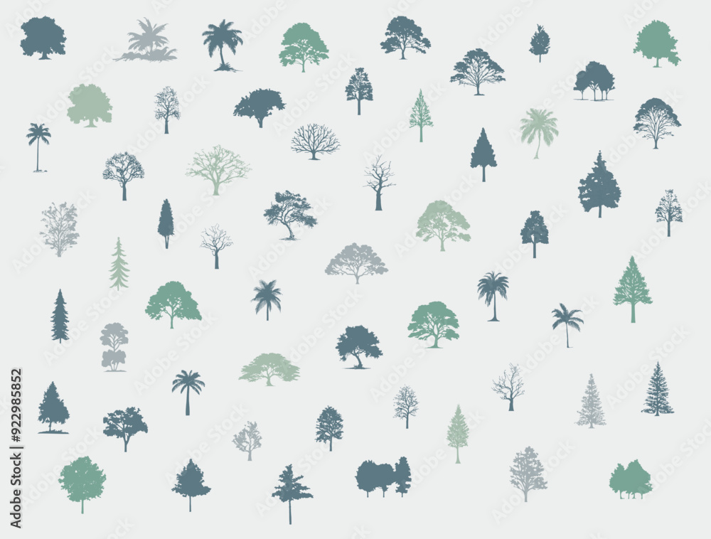 Minimal style cad tree line drawing, Side view, set of graphics trees ...