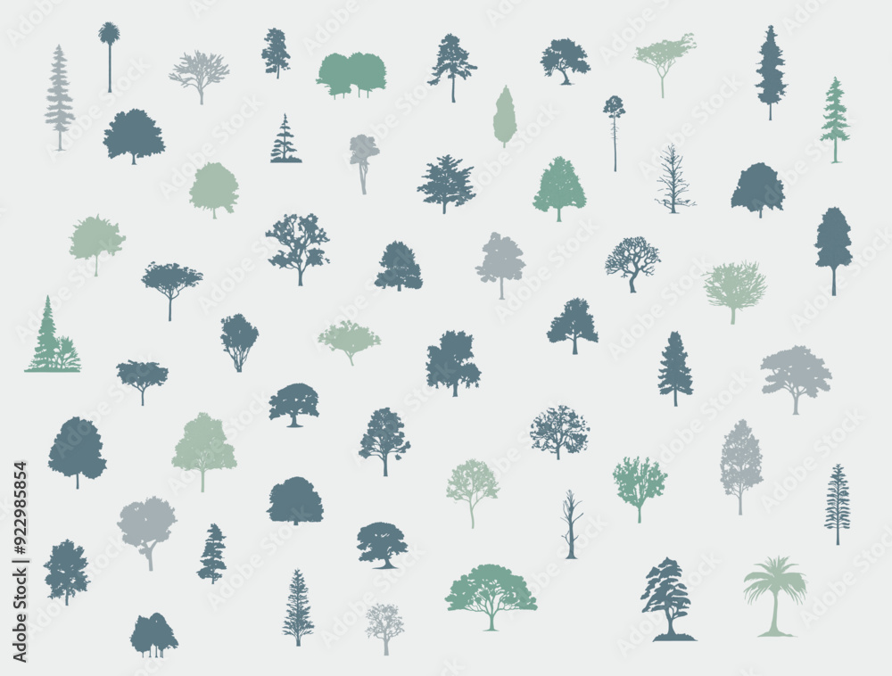 Minimal style cad tree line drawing, Side view, set of graphics trees ...