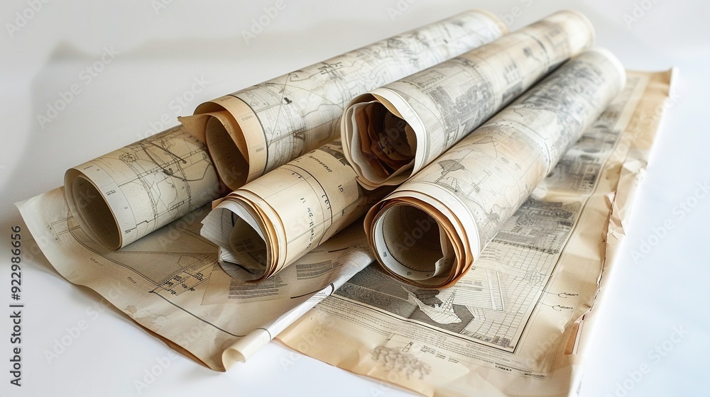 Rolled up vintage maps with intricate markings and diagrams ilustração ...