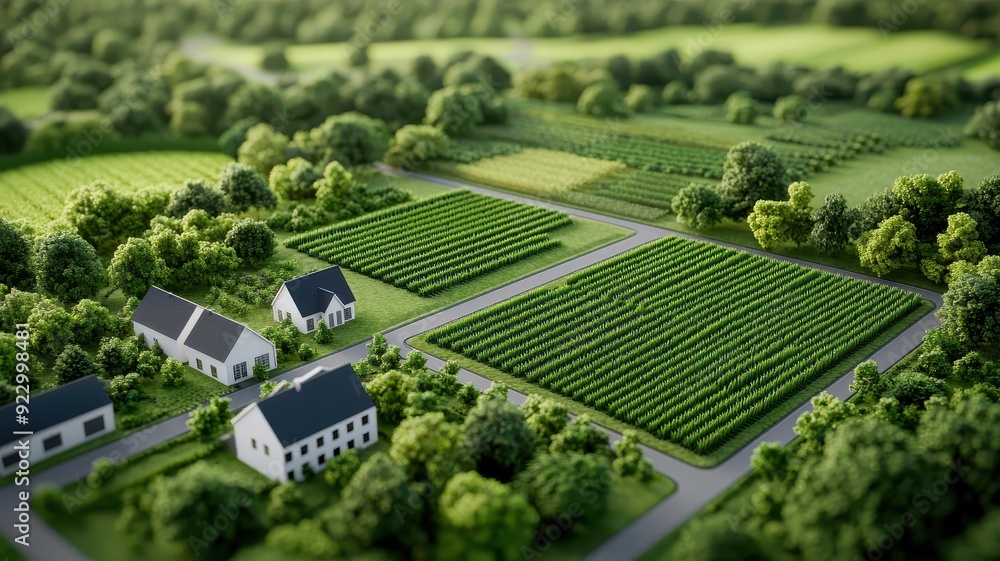 Aerial view of a sustainable farm producing biomass crops, with a focus ...