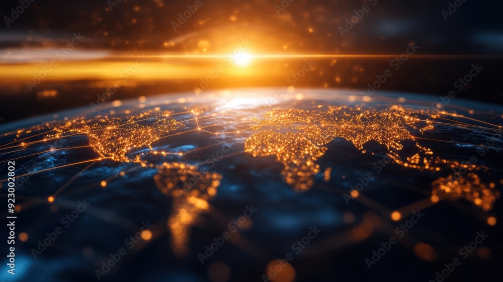 An abstract graph overlaying a global network displays a complex web of ...