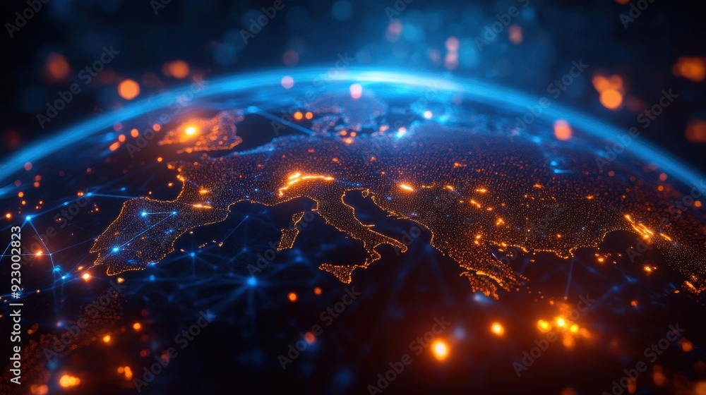 An abstract graph overlaying a global network displays a complex web of ...