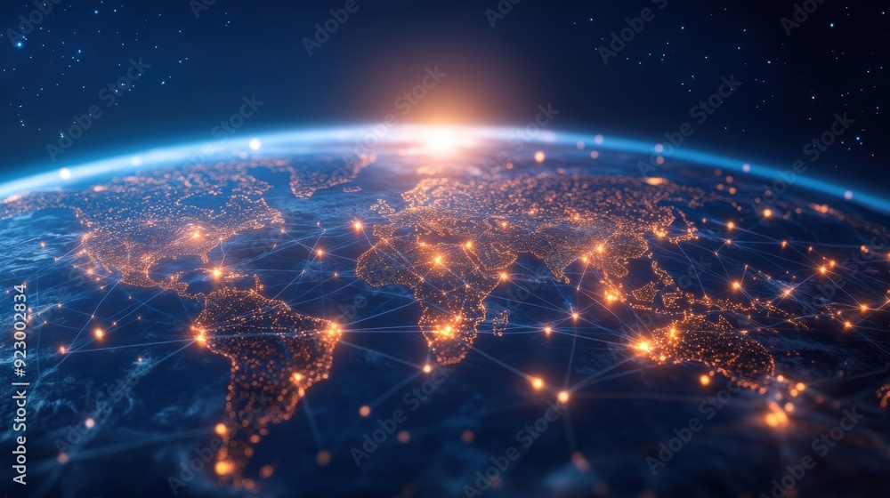 An abstract graph overlaying a global network displays a complex web of ...