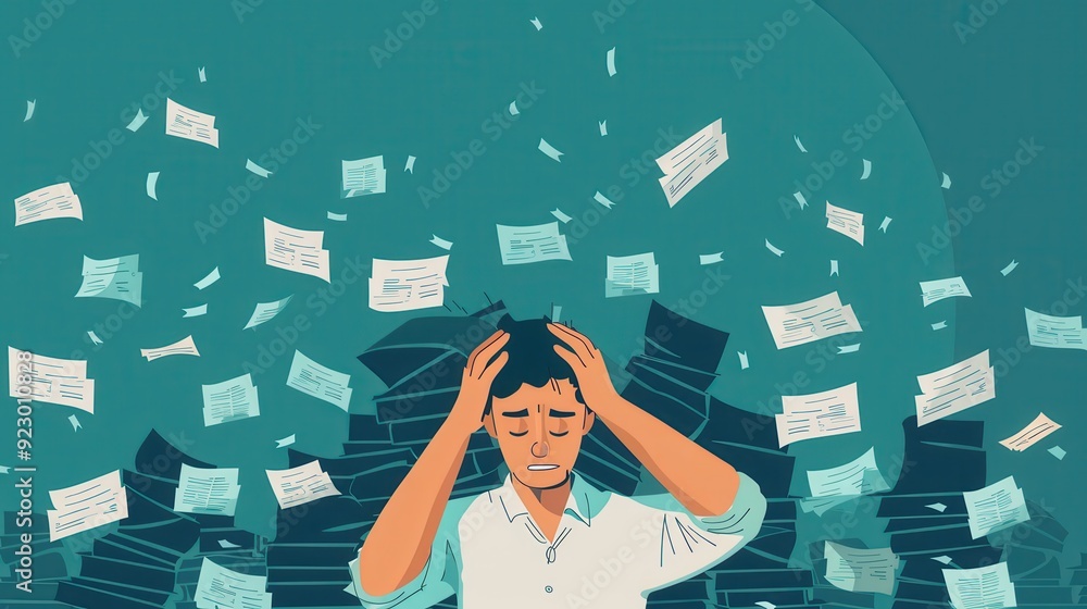 A man is sitting in a room with piles of papers and is looking at the ...
